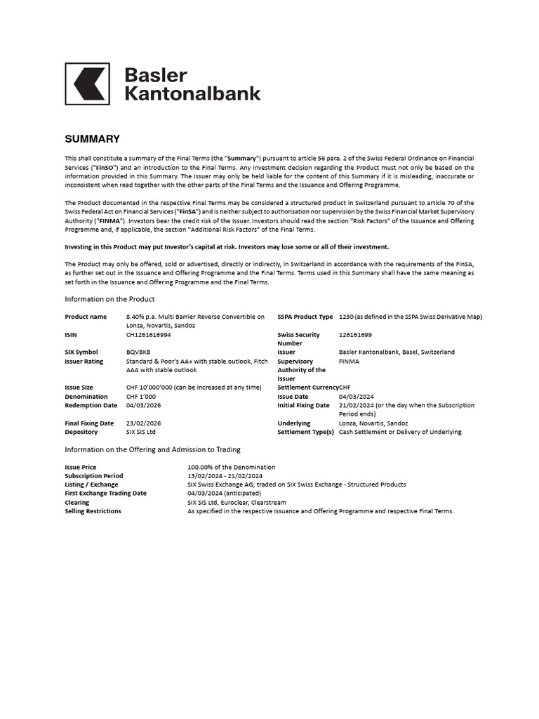 Swiss Structured Product Summary | PDF | Derivative (Finance) | Investing