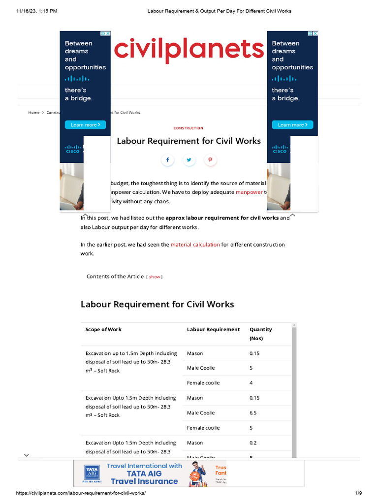 Labour Requirement & Output Per Day For Different Civil Works | PDF ...