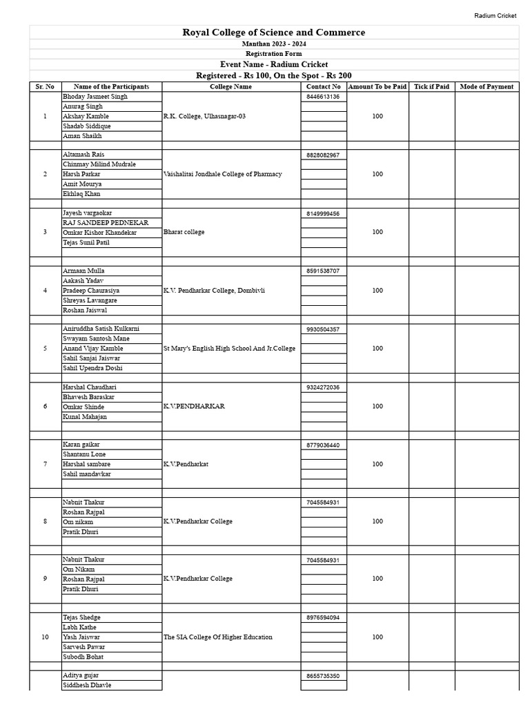 Radium Cricket Registration Form 2023 | PDF