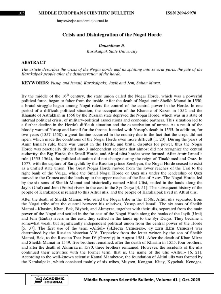 Crisis of the Nogai Horde Explained | PDF | Asia | Eastern Europe