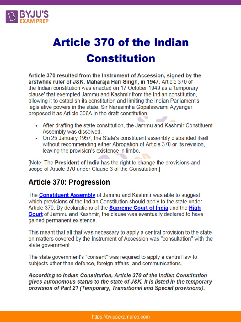 Article 370 of The Indian Constitution Upsc Notes 51 | PDF