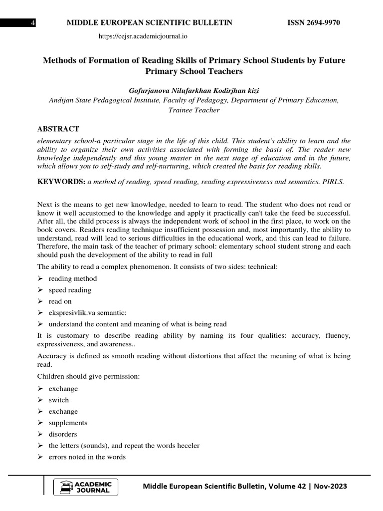 Methods of Formation of Reading Skills of Primary School Students by Future Primary School ...
