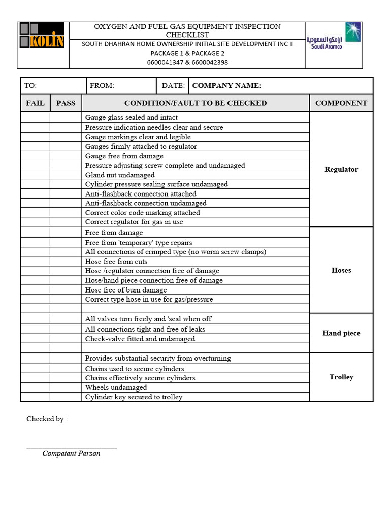 Oxygen and Fuel Gas Equipment Inspection Checklist Form | PDF