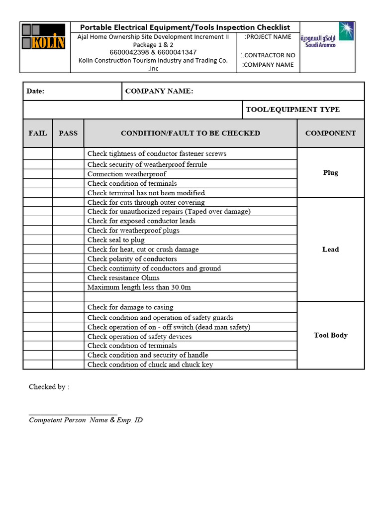 Portable Electrical Equipment or Tools Inspection Checklist Form | PDF