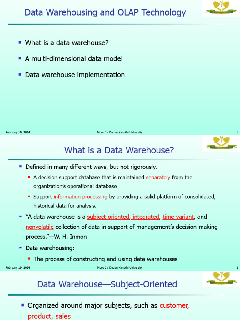 ICS 2408 - Lecture 3 and 4 - Data Warehouse and OLAP | PDF | Data Warehouse | Databases