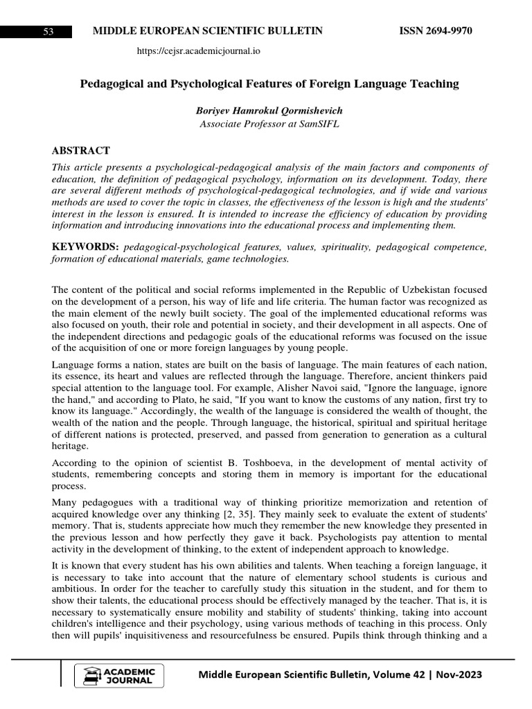 Pedagogical and Psychological Features of Foreign Language Teaching | PDF | Thought | Pedagogy