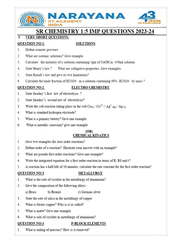 Important Chemistry Questions 2023-24 | PDF | Chemical Reactions ...