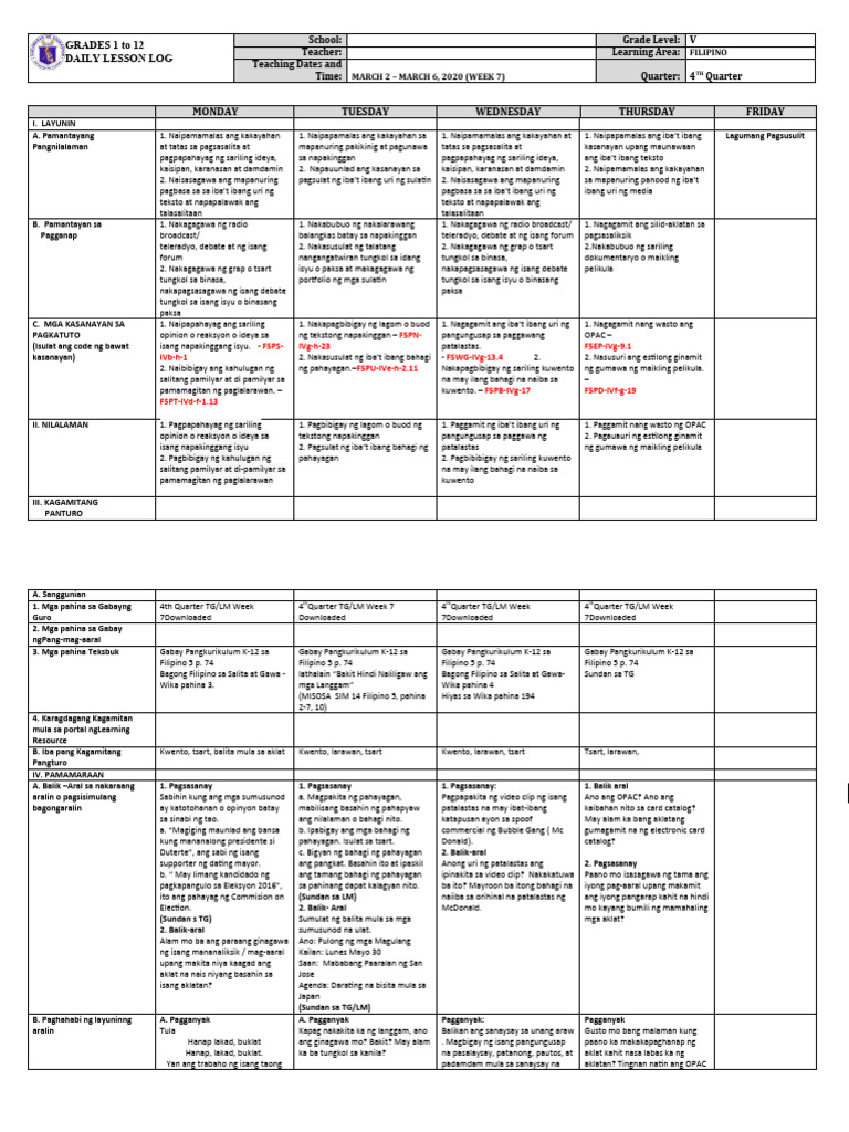 Grade 5 DLL FILIPINO 5 Q4 Week 7 | PDF