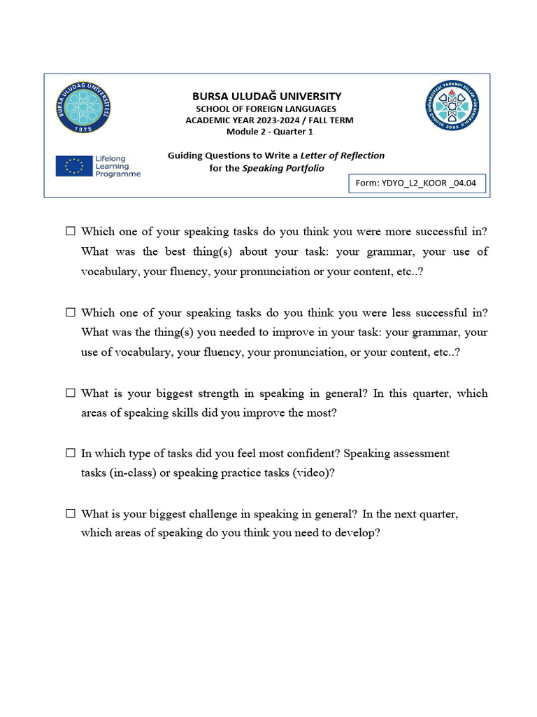 Speaking Portfolio Reflection Questions (ENG&TR) | PDF