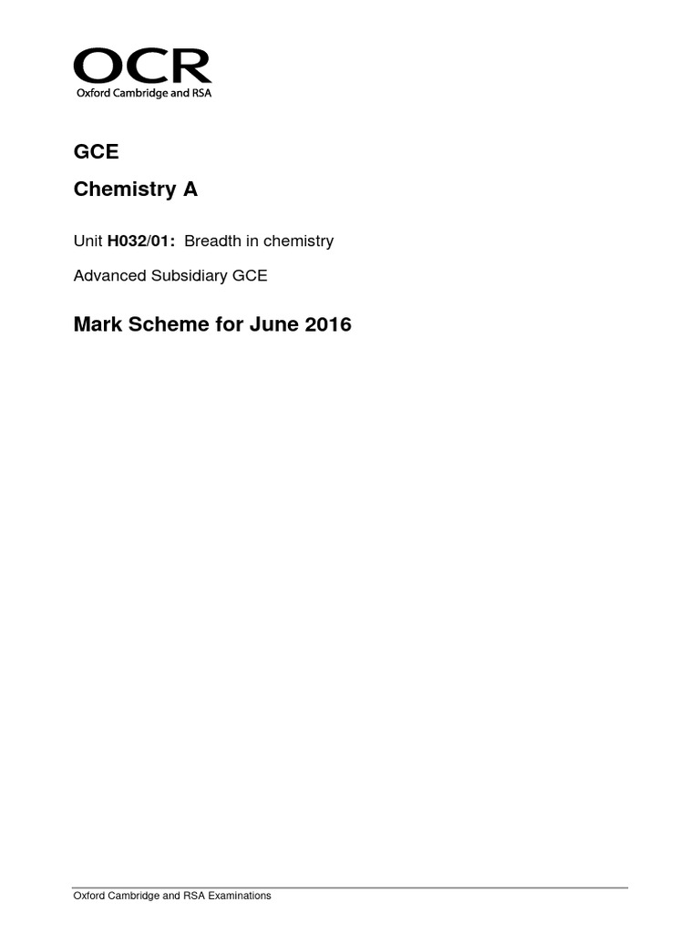 Mark Scheme Unit h032 01 Breadth in Chemistry June | PDF | Chlorine | Gases