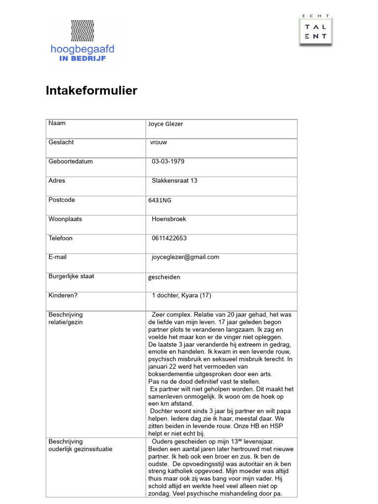 Blanco Intakeformulier Echttalent | PDF