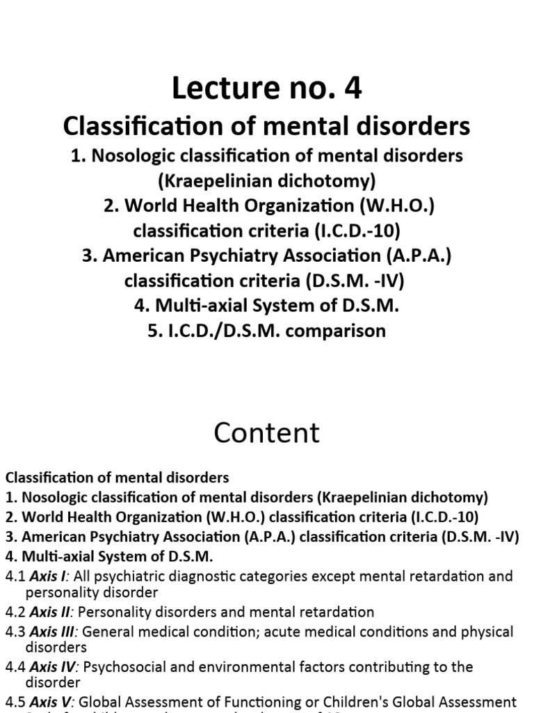 Lecture No. 4 Classification of Mental Disorders in Psychiatry | PDF | Mental Disorder ...