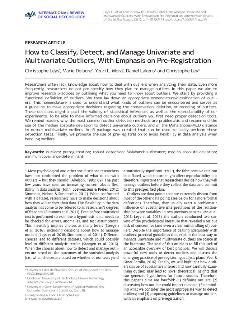 How To Classify, Detect, and Manage Univariate and Multivariate Outliers, With Emphasis On Pre ...
