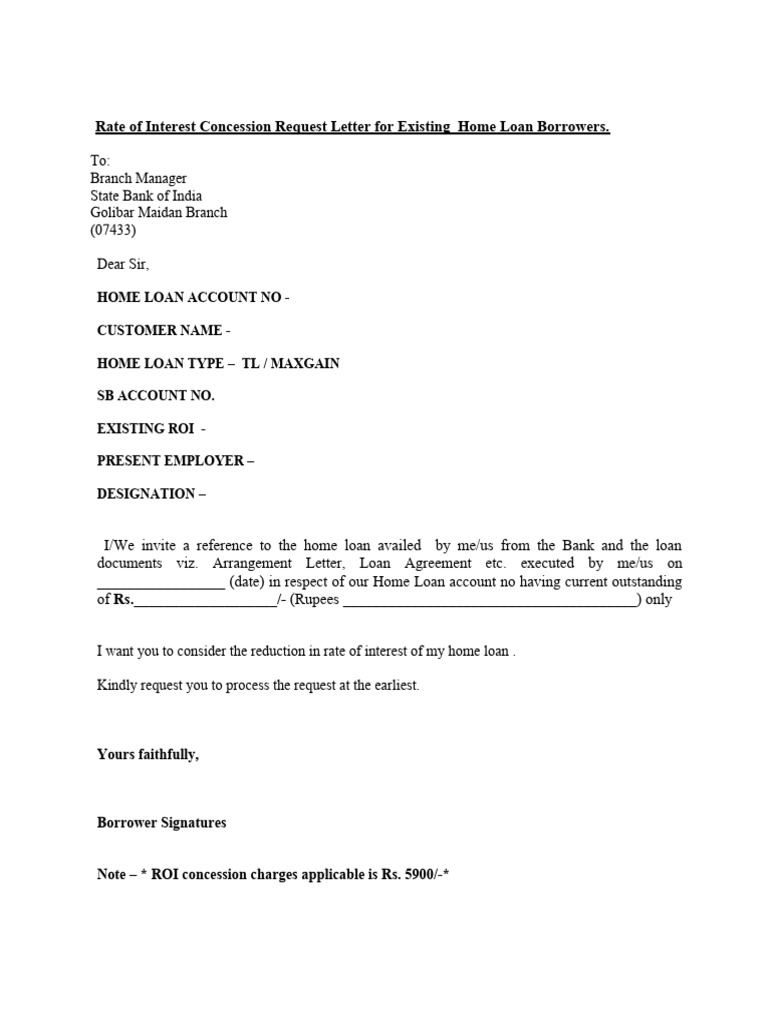 Rate of Interest Concession Request Letter For Existing Home Loan ...
