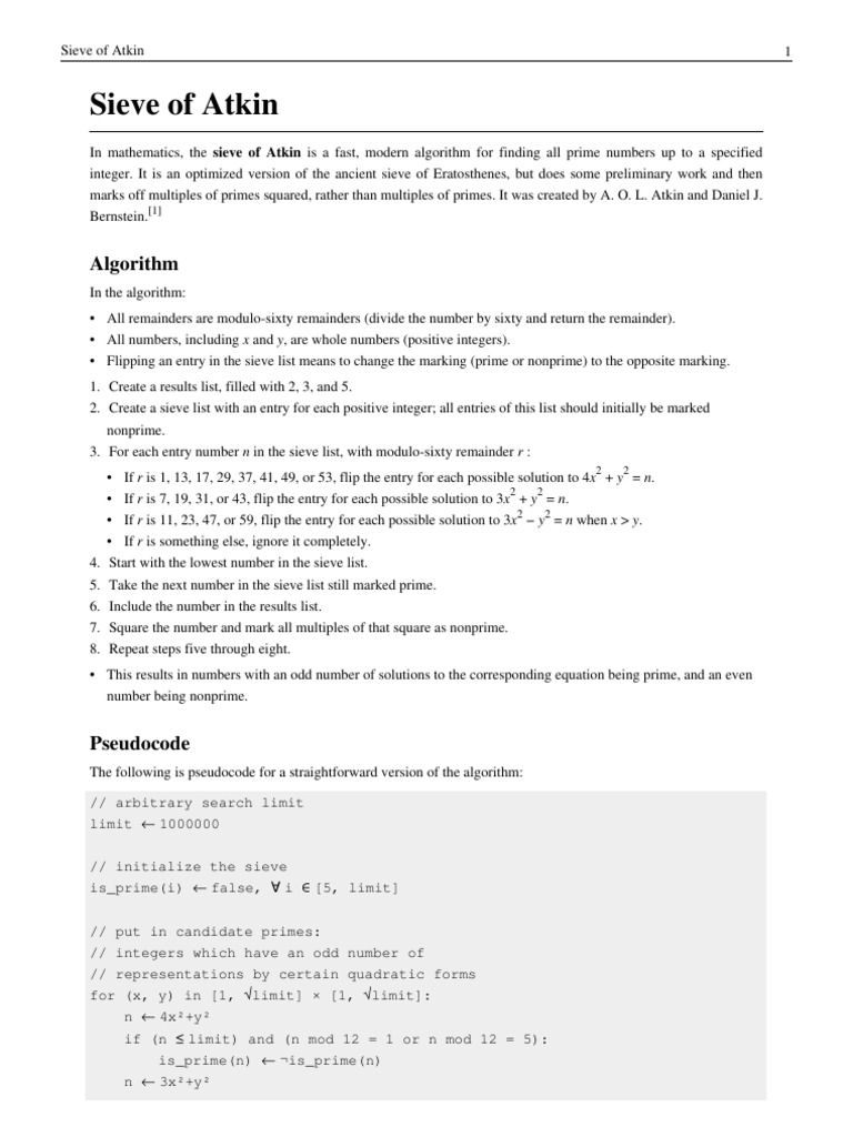 Sieve of Atkin: Algorithm | PDF | Mathematical Objects | Combinatorics