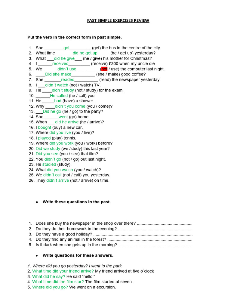 Past Simple Exercises Review | PDF