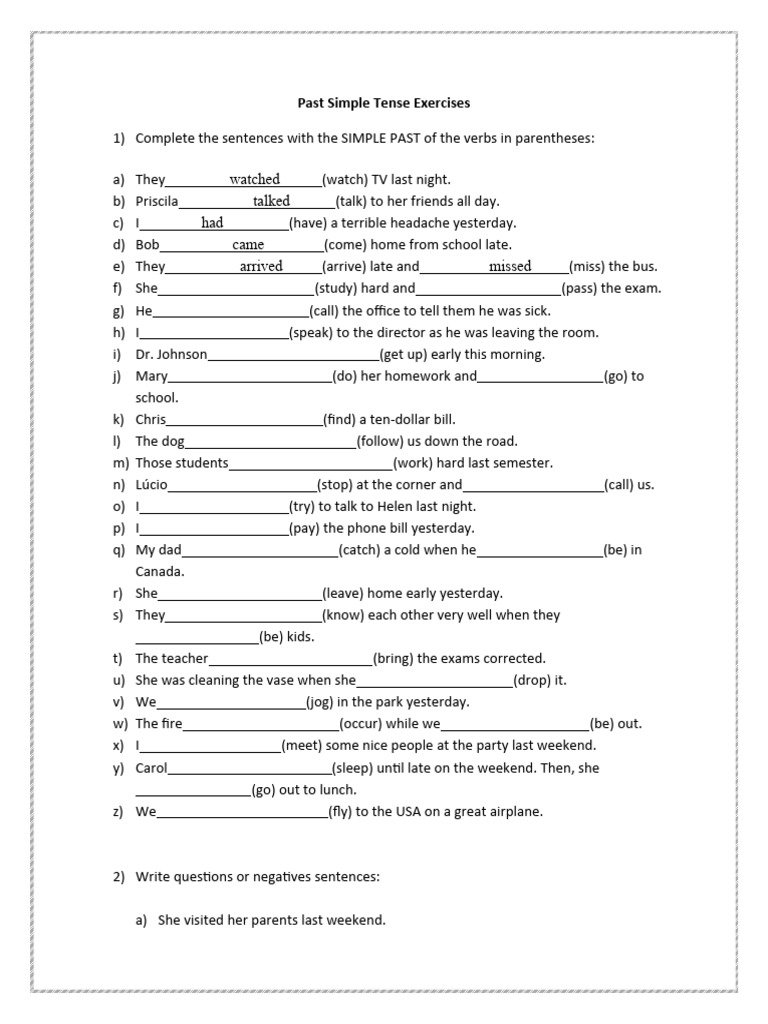 Past Simple Tense Exercises | PDF | Linguistics | Grammar