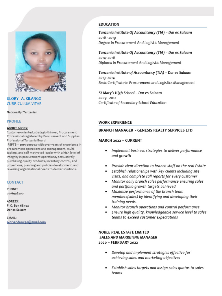 Glory Andrew Kilango CV | PDF | Procurement | Tanzania