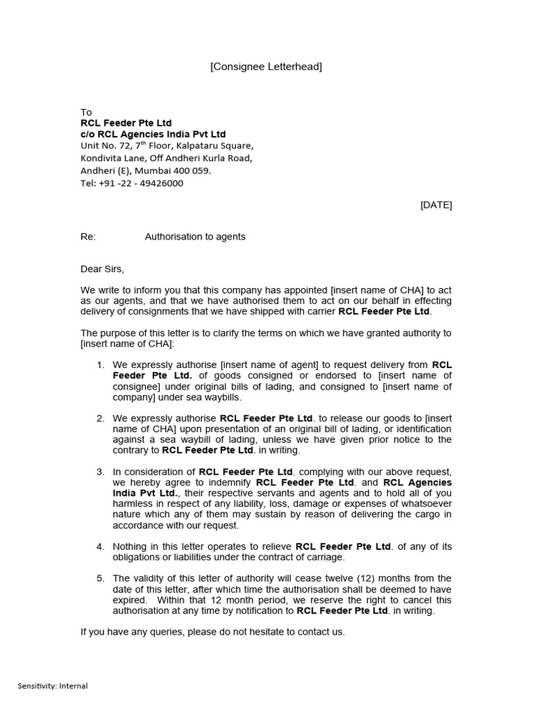CHA Authorization Letter 24.08 | PDF | Bill Of Lading | Legal Concepts