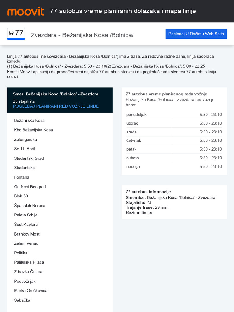 Zvezdara - Bežanijska Kosa /bolnica/: 77 Autobus Vreme Planiranih ...