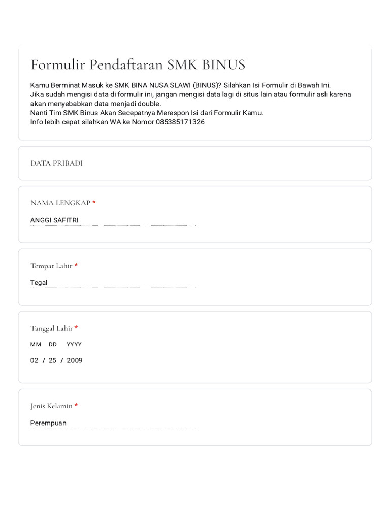 Formulir Pendaftaran SMK BINUS | PDF