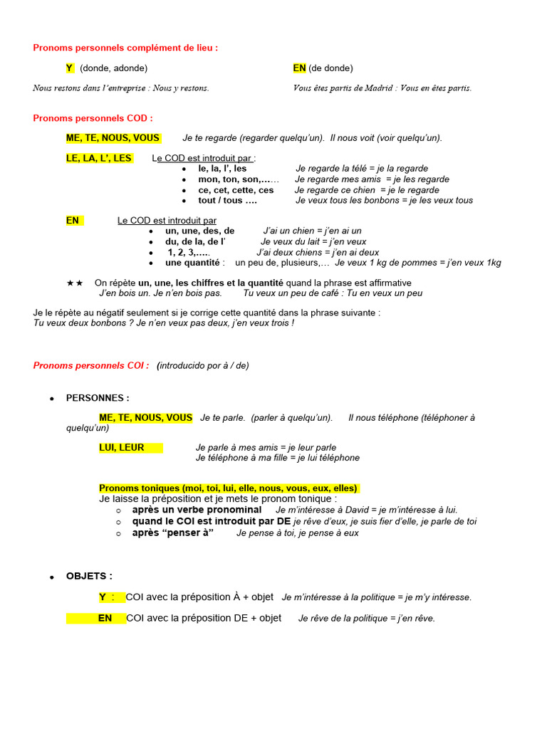 Fle Exercices Pronoms Personnels Compléments Et Autres | PDF