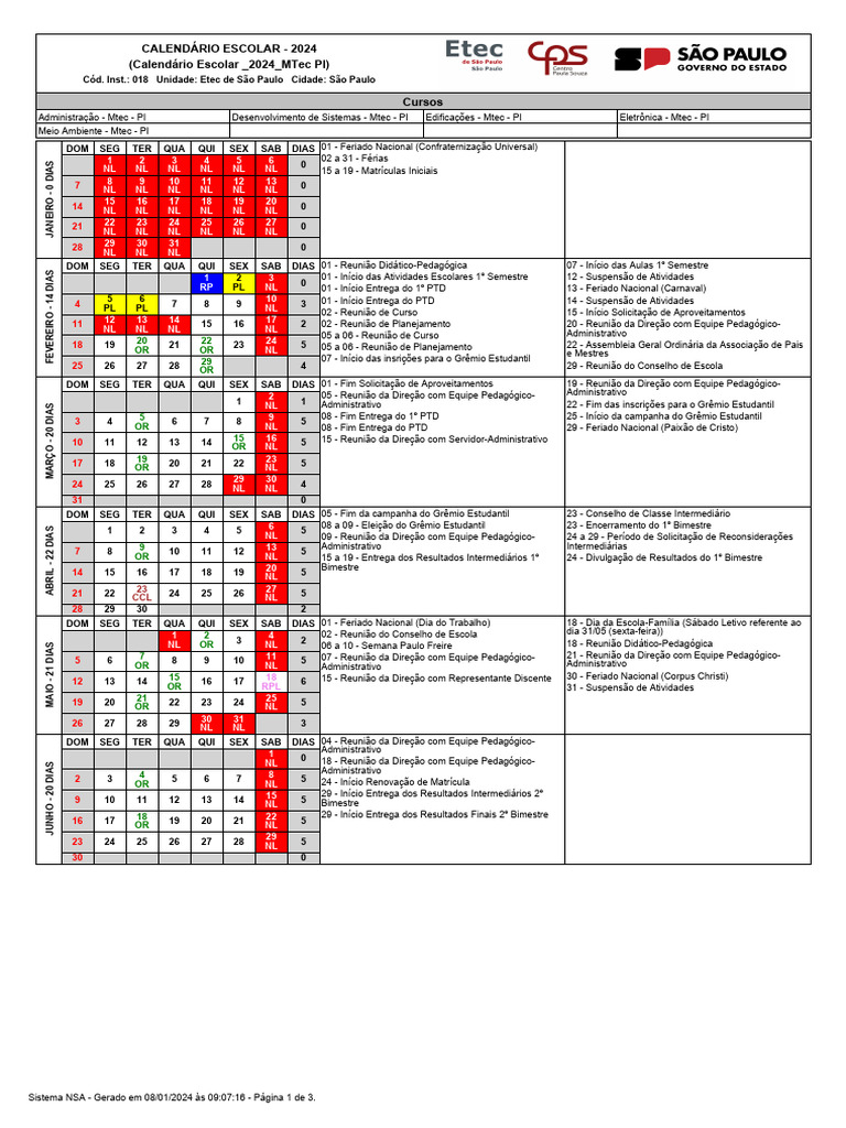 Calendario Escolar - 2024 - MTec PI | PDF