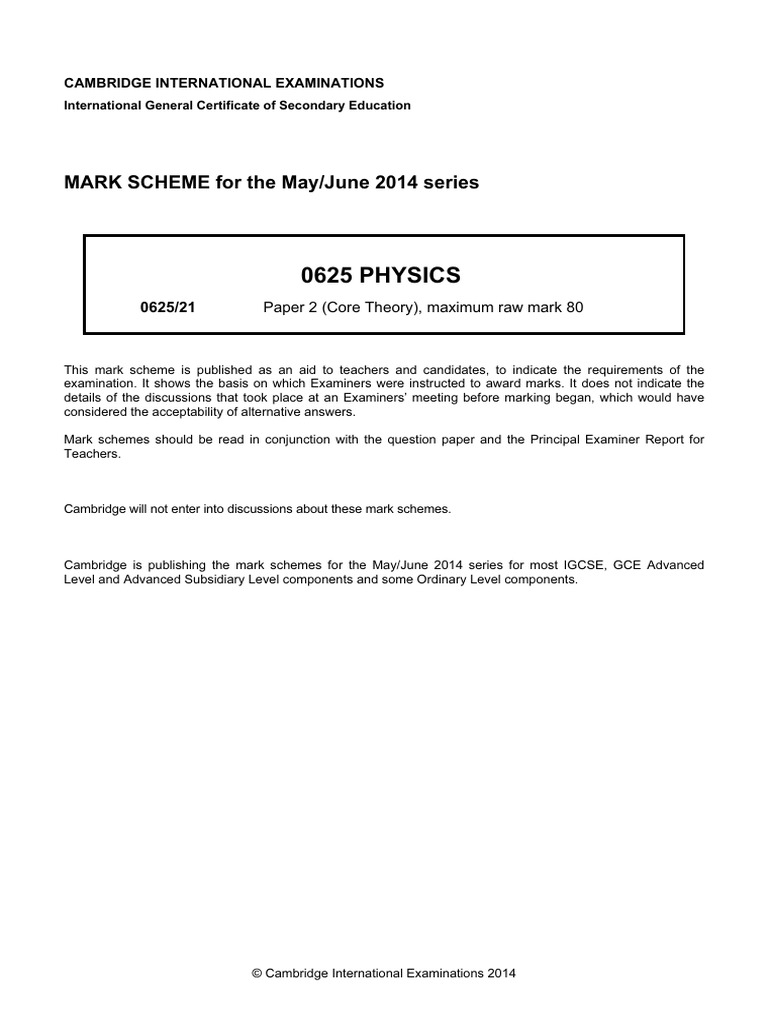 0625 PHYSICS: MARK SCHEME For The May/June 2014 Series | PDF | Physical Sciences