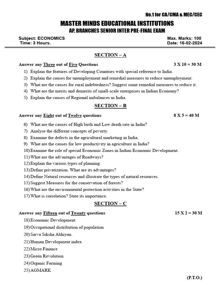 7 - AP. Br. Sr. Inter Economics Pre-Final Exam Paper | PDF | Economics | Economies