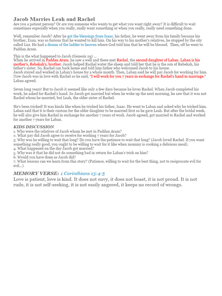 Jacob's Marriage to Leah and Rachel | PDF | Jacob | Rachel