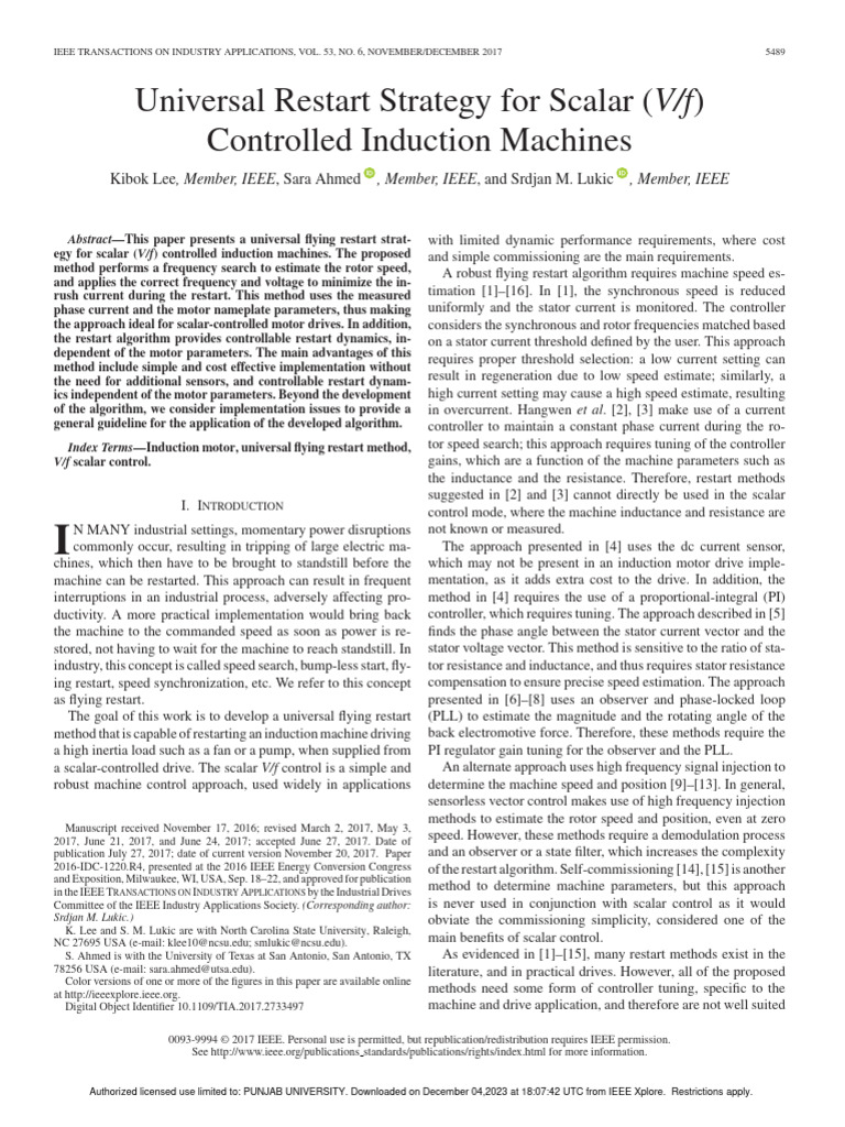Universal Restart Strategy For Scalar V F Controlled Induction Machines Pdf Electric Motor
