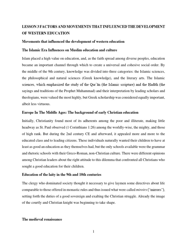 Lesson 3 Factors and Movements That Have Influenced the Development of Western Education | PDF ...