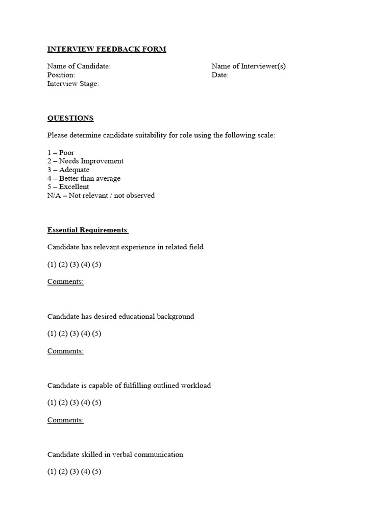 Interview Feedback Form 3 | PDF | Behavioural Sciences | Psychology