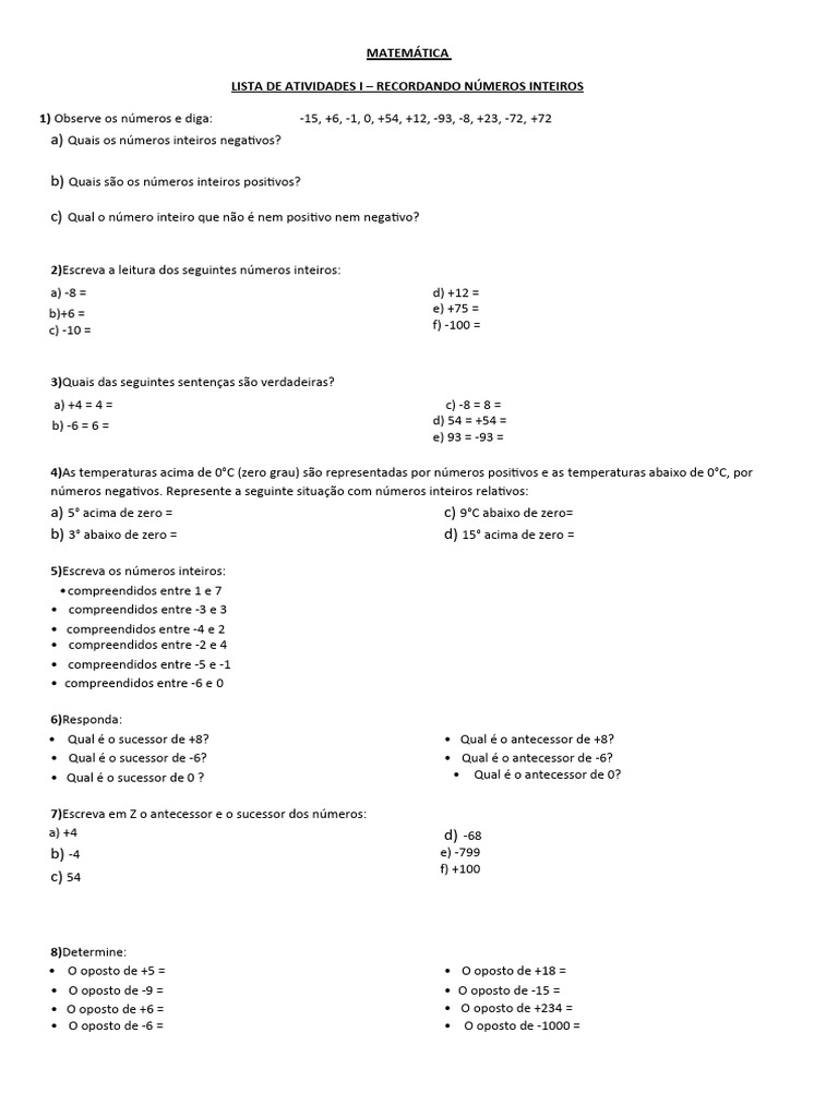 Matematica - Exercicios Numeros Inteiros | PDF | Números | Aritmética