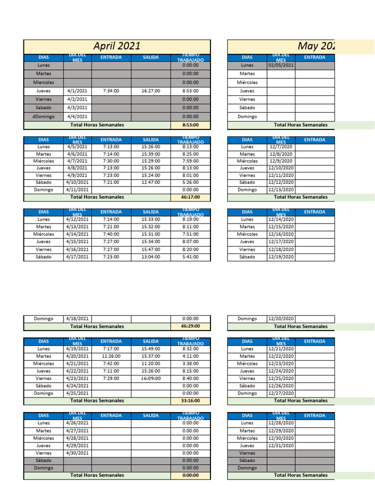 Año 2020 - Planilla Horas Trabajadas | PDF