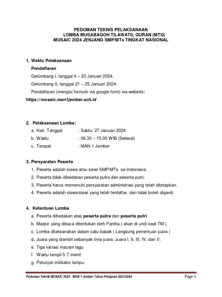 Petunjuk Teknis Mosaic MTQ | PDF