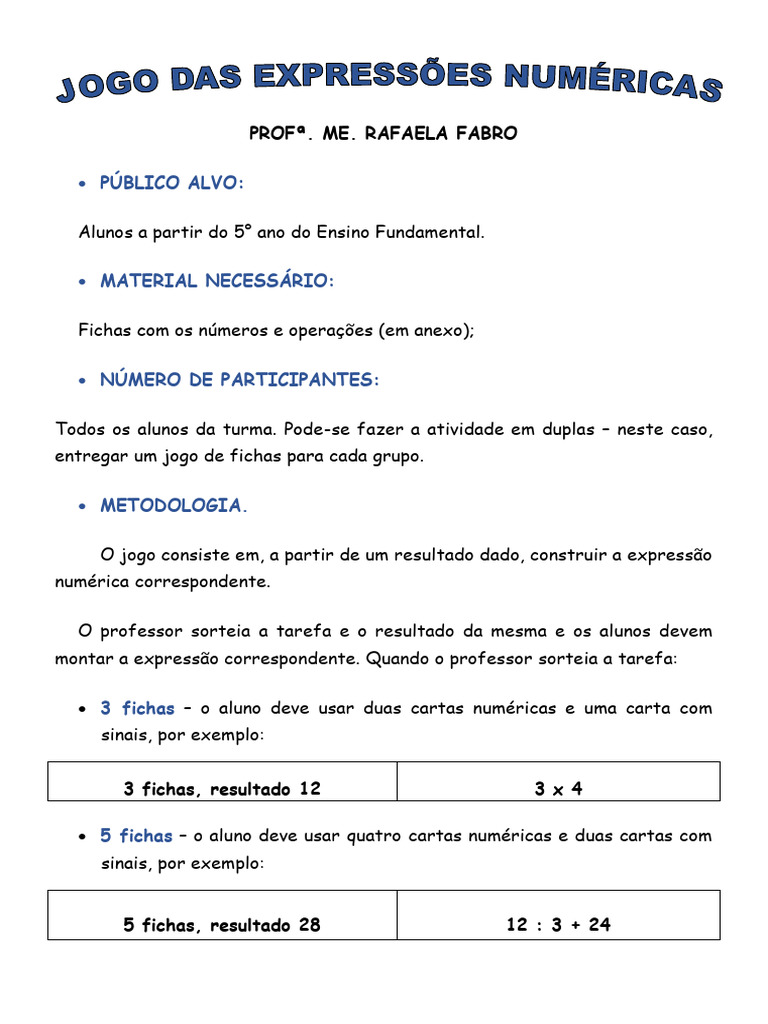 Jogo Das Expressões Numéricas | PDF
