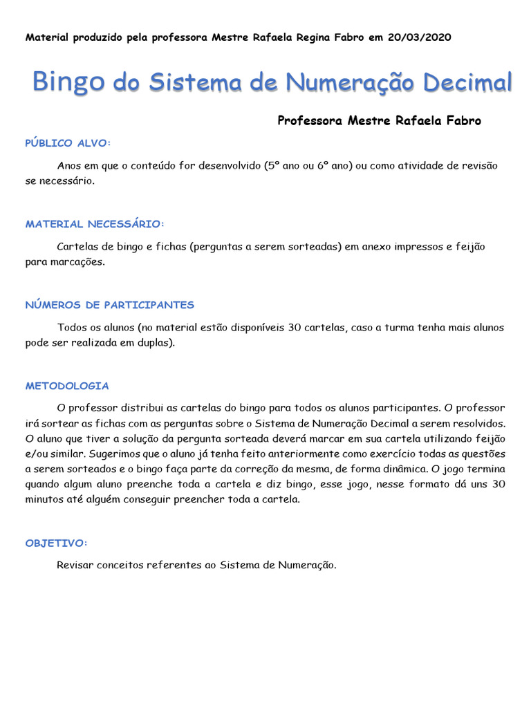 Bingo Do Sistema de Numeração Decimal | PDF | Decimal | Lexicologia