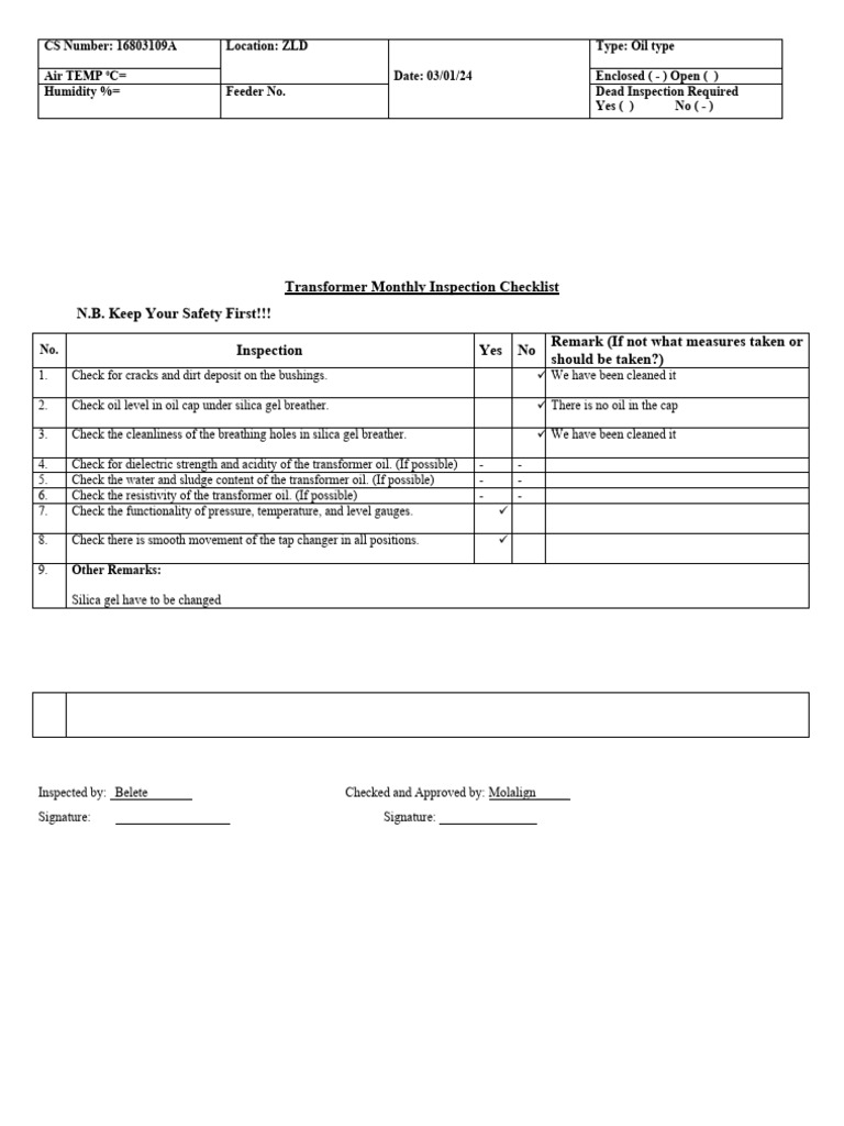 DEC Transformer Monthly Inspection Checklist | Download Free PDF ...