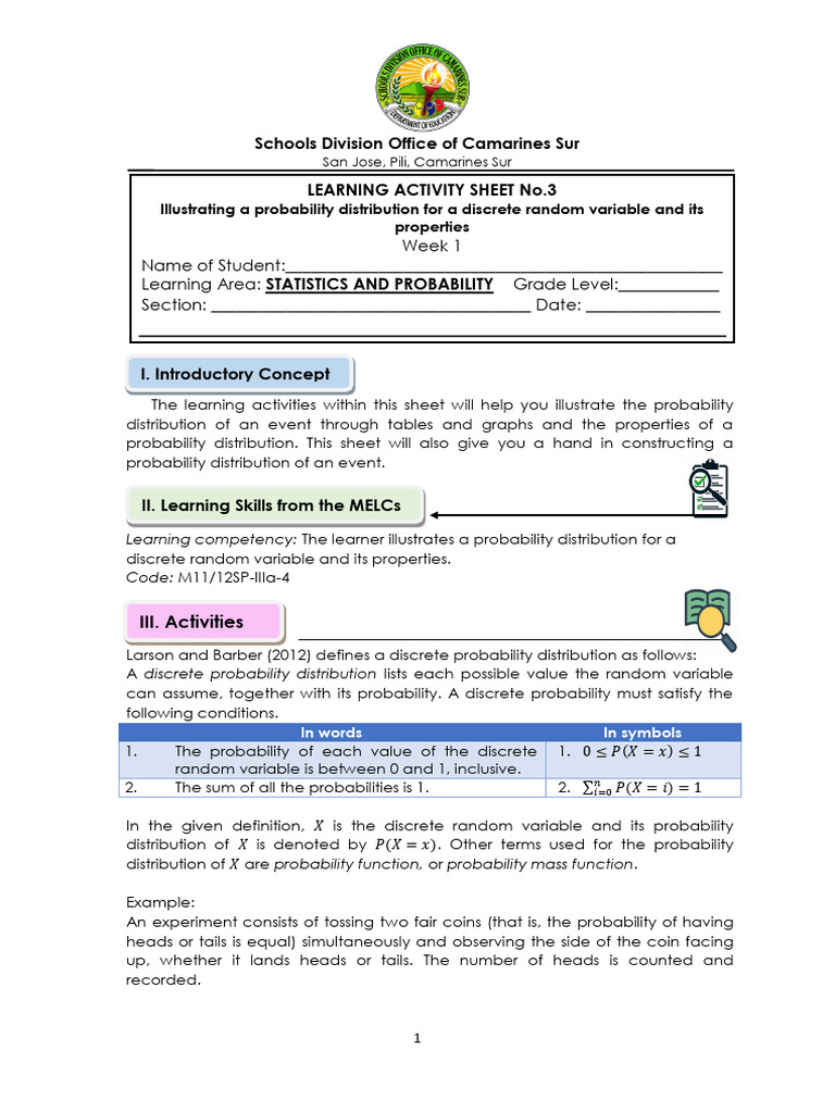 LAS SP Q3 W1 03 M11SP IIIa 4 | PDF | Probability Distribution | Random Variable