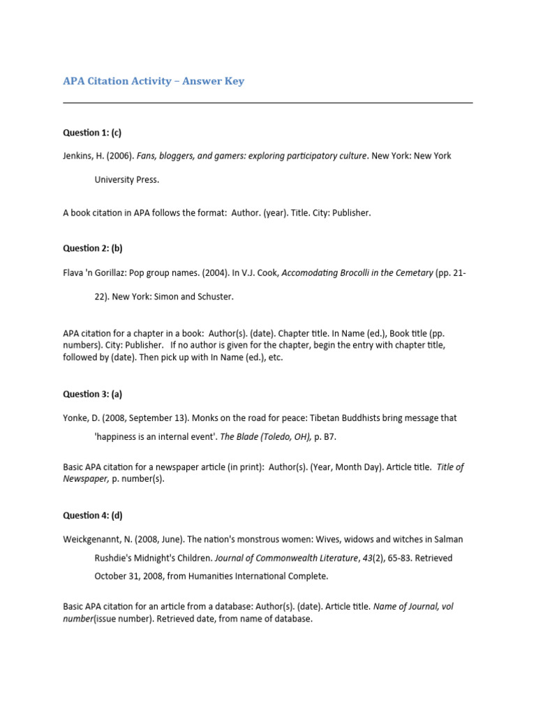APA Citation Activity Answer Key | PDF