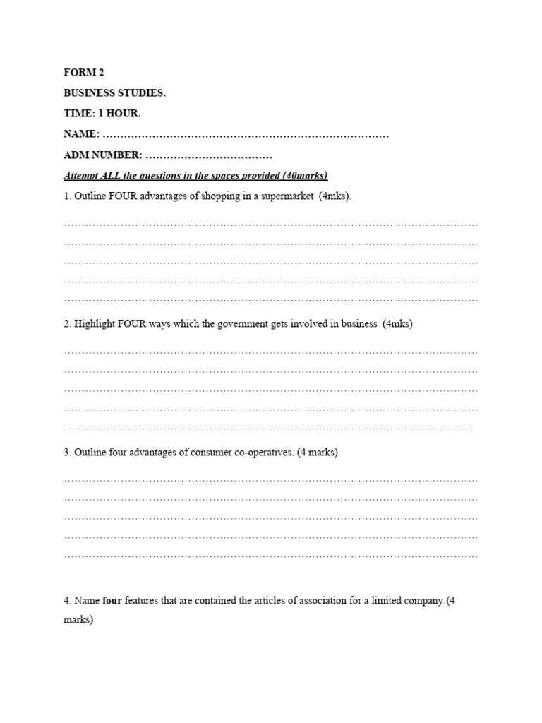 Form 2 Business Studies Midterm Exam | PDF | Financial Markets ...