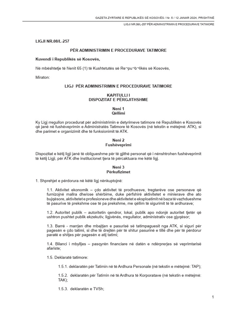 Ligji Nr. 08 L-257 Për Administrimin e Procedurave Tatimore | PDF