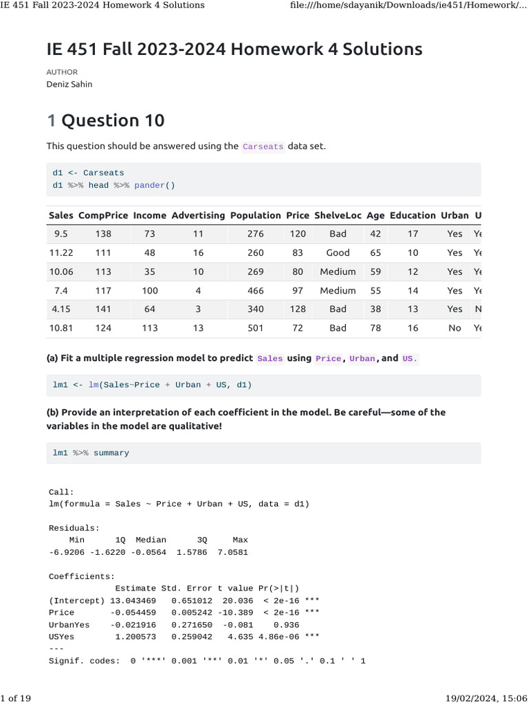 IE 451 Fall 2023-2024 Homework 4 Solutions | PDF | Errors And Residuals | Coefficient Of ...