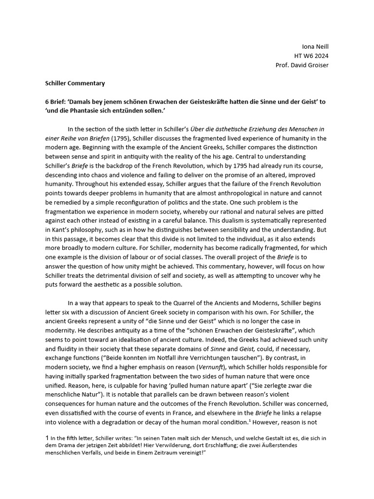 Commentary On Letter Six From Schiller's Letters On The Aesthetic ...