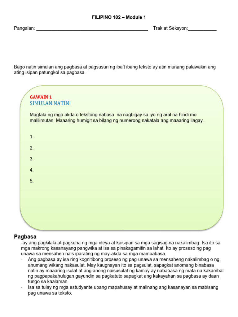 Filipino 102 Module 1 | PDF