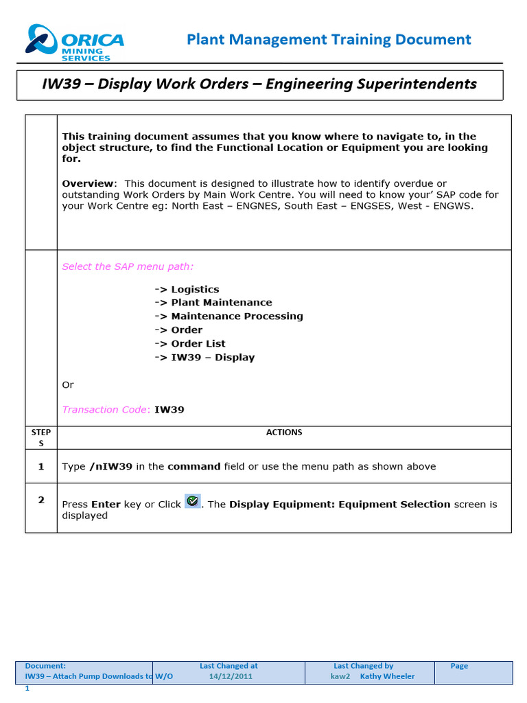 IW39 - Display Work Orders - Eng Supers | PDF | Computers