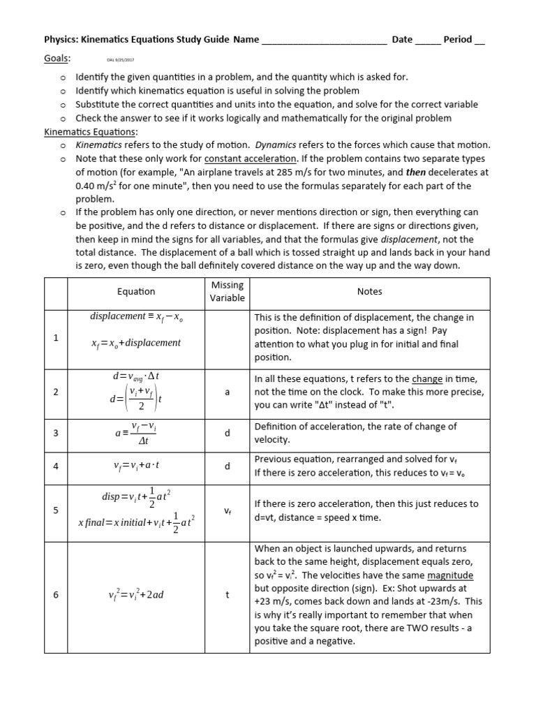 Kinematics Equations Study Guide DAL | PDF | Acceleration | Velocity