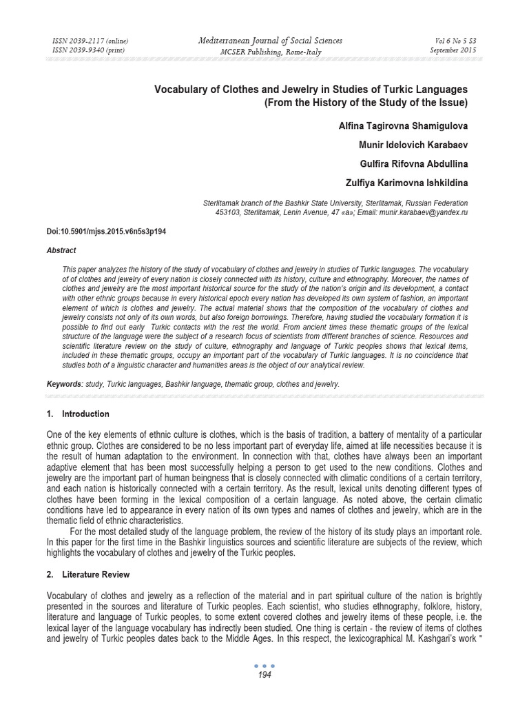 Turkic Clothing & Jewelry Vocabulary | PDF | Dictionary | Lexicon