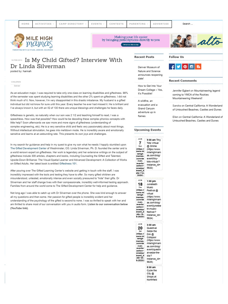 Is My Child Gifted Interview With DR Linda Silverman Mile High Mamas | PDF | Intellectual ...
